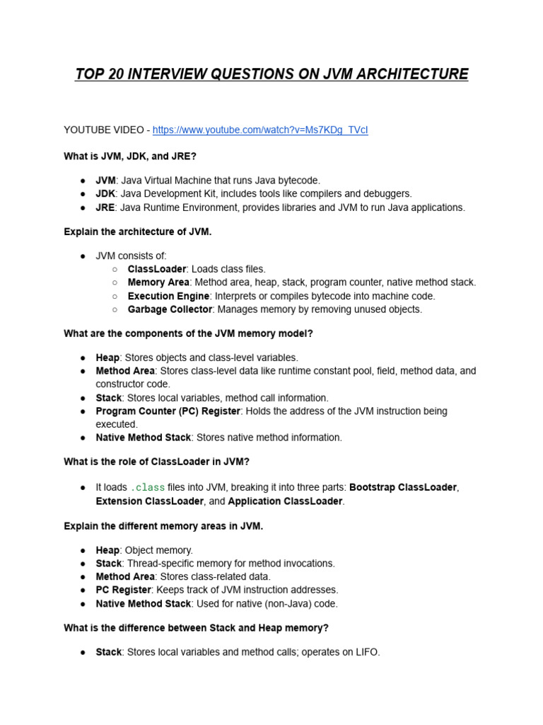 Top 20 Interview Questions On JVM Architecture | PDF | Java Virtual Machine | Java (Programming ...