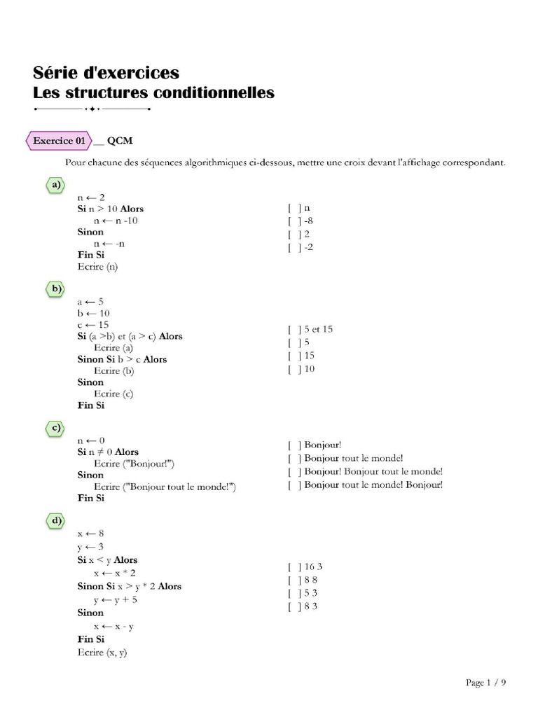 Série D'exercices Corrigés - Les Structures Conditionnelles | PDF