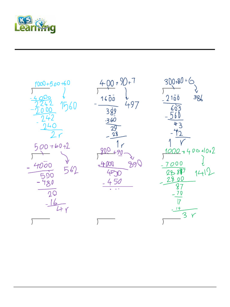 Grade 4 Long Division 4x1 Digit With Remainder f | PDF