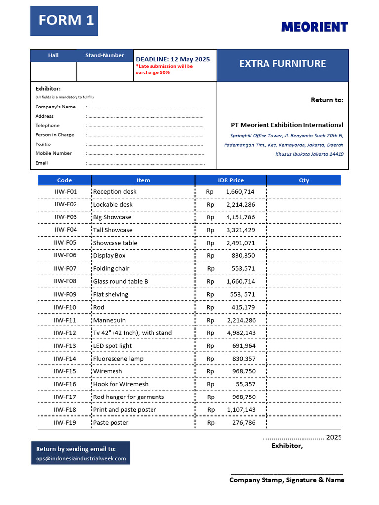 Extra Furniture Order Form for Exhibitors | PDF