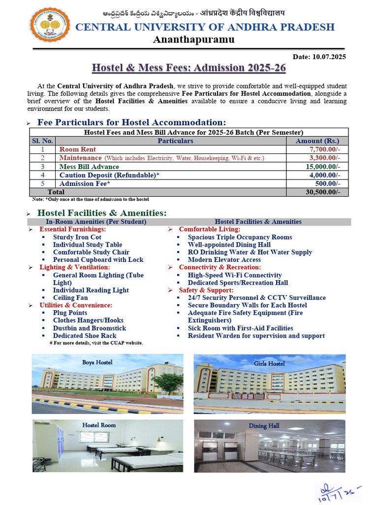 CUAP Hostel & Mess Fee Structure 2025-26 | PDF