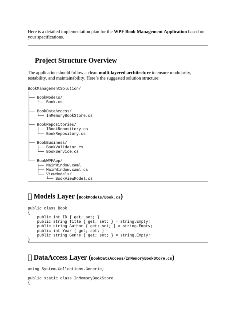Here Is A Detailed Implementation Plan For The WPF Book Management Application Based On Your ...