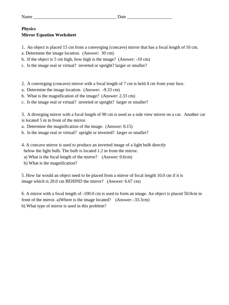 Mirror Equation Worksheet | PDF