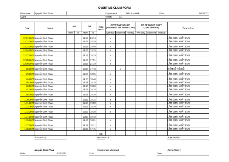 Overtime Claim Form: Overtime Hours (After 0600 AM-before 2200) Ot of ...