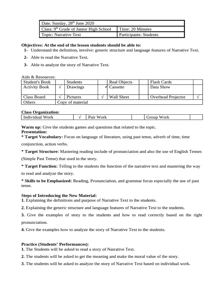 9th Grade Narrative Text Mini Lesson Plan | PDF | Narrative ...