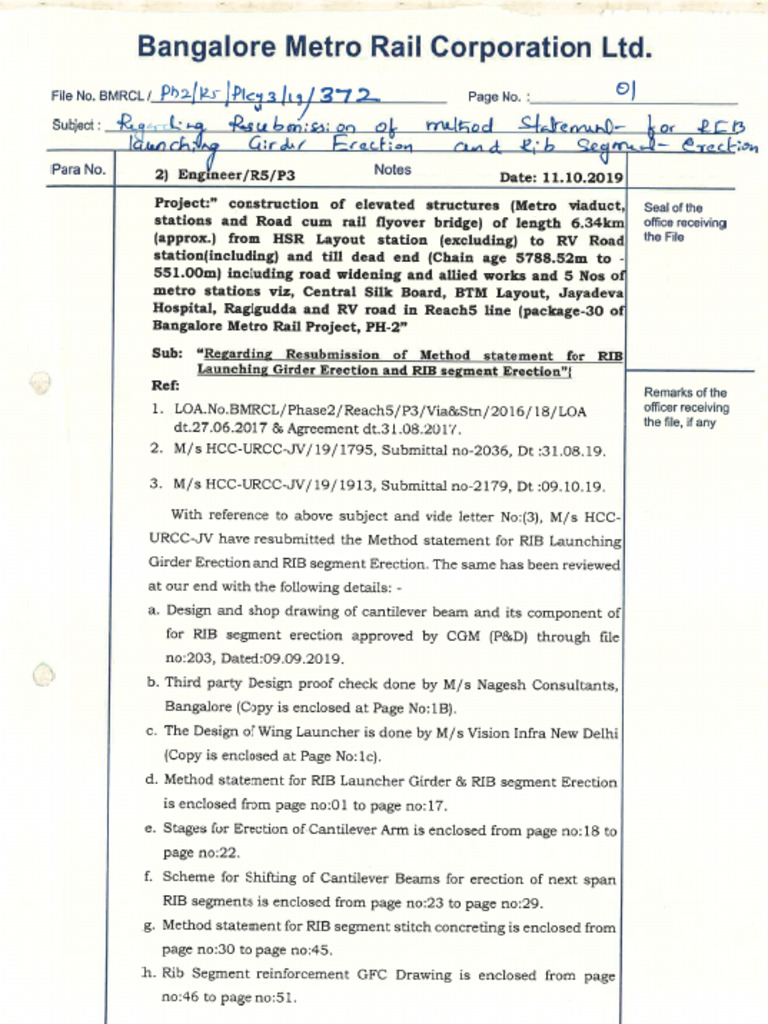 372 Method Statement For Rib Launcher Girder & Rib Segment Erection | PDF