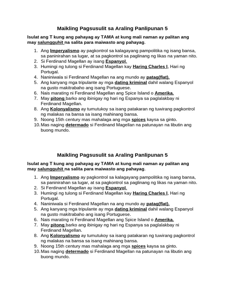 Maikling Pagsusulit Sa Araling Panlipunan 5 2nd Quarter | PDF
