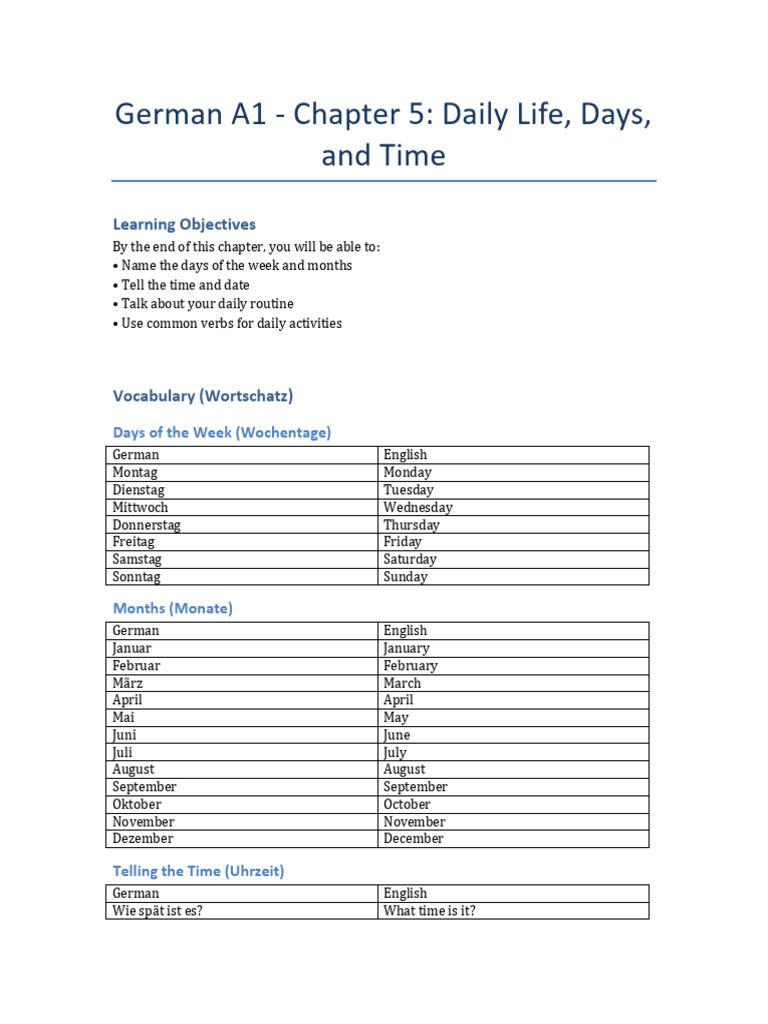 German A1 Chapter 05 Daily Life Days Time | PDF