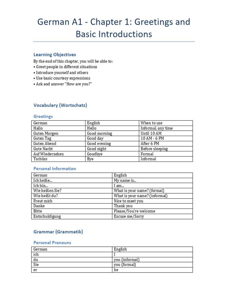 German A1 Chapter 01 Greetings and Introductions | PDF | Linguistic ...