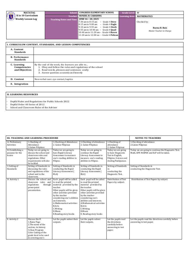 Grade 4 Weekly Lesson Plan | PDF | Teachers | Learning