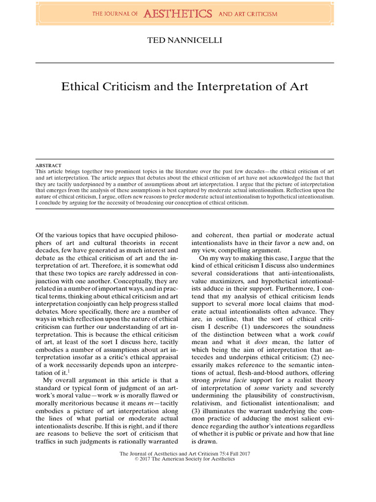 J Aesthetics Art Criticism - 2017 - NANNICELLI - Ethical Criticism and ...