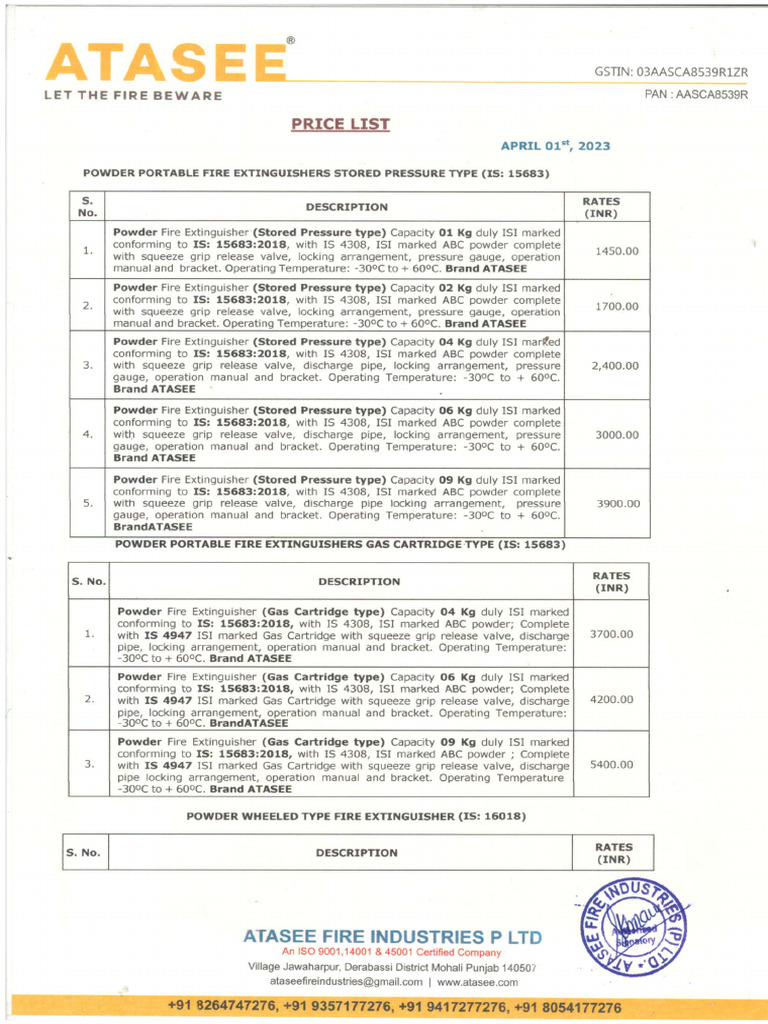 Attassee Fire PRICE LIST April 2023 | PDF | Fire Sprinkler System | Active Fire Protection