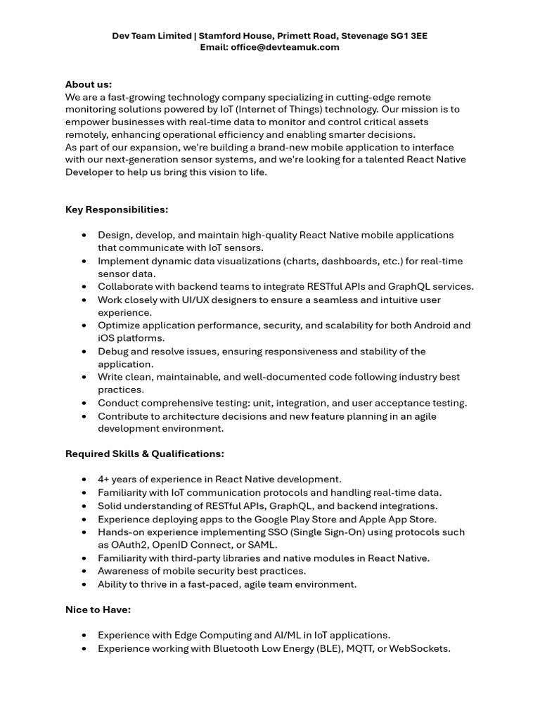 React Developer - Job Description - DeV TEAM | PDF | Internet Of Things | Mobile App