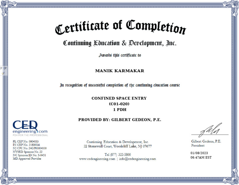 Confined Space Entry Certificate 1 PDH | PDF