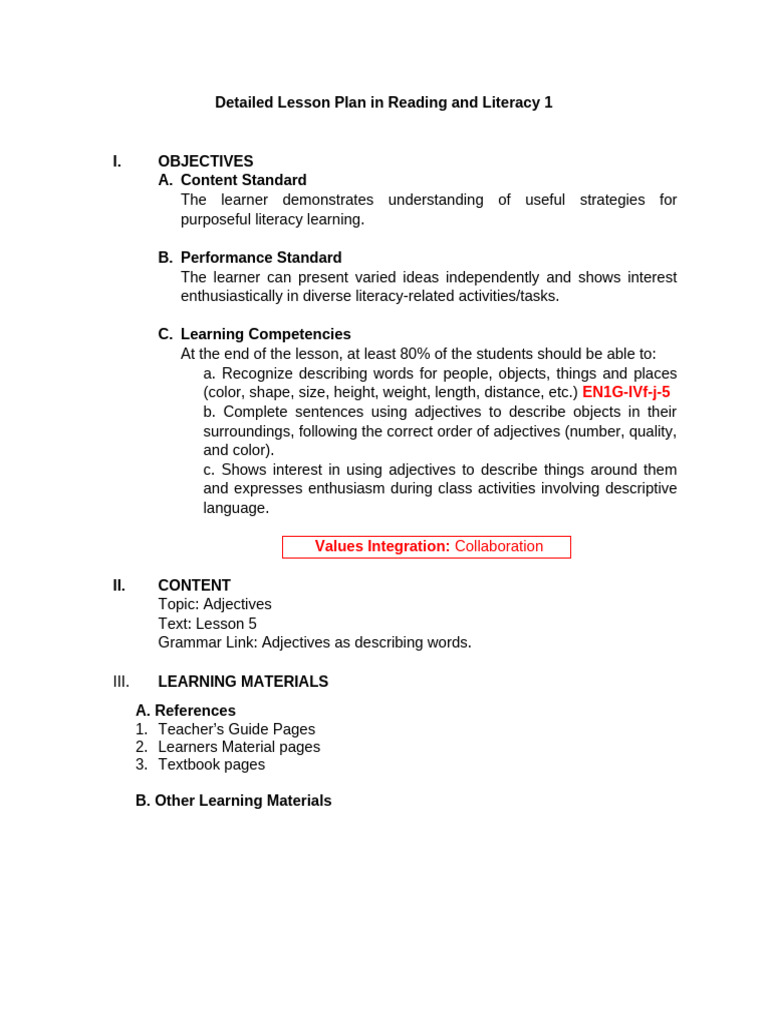 Grade 1 Literacy Lesson Plan: Adjectives | PDF | Lesson Plan | Learning