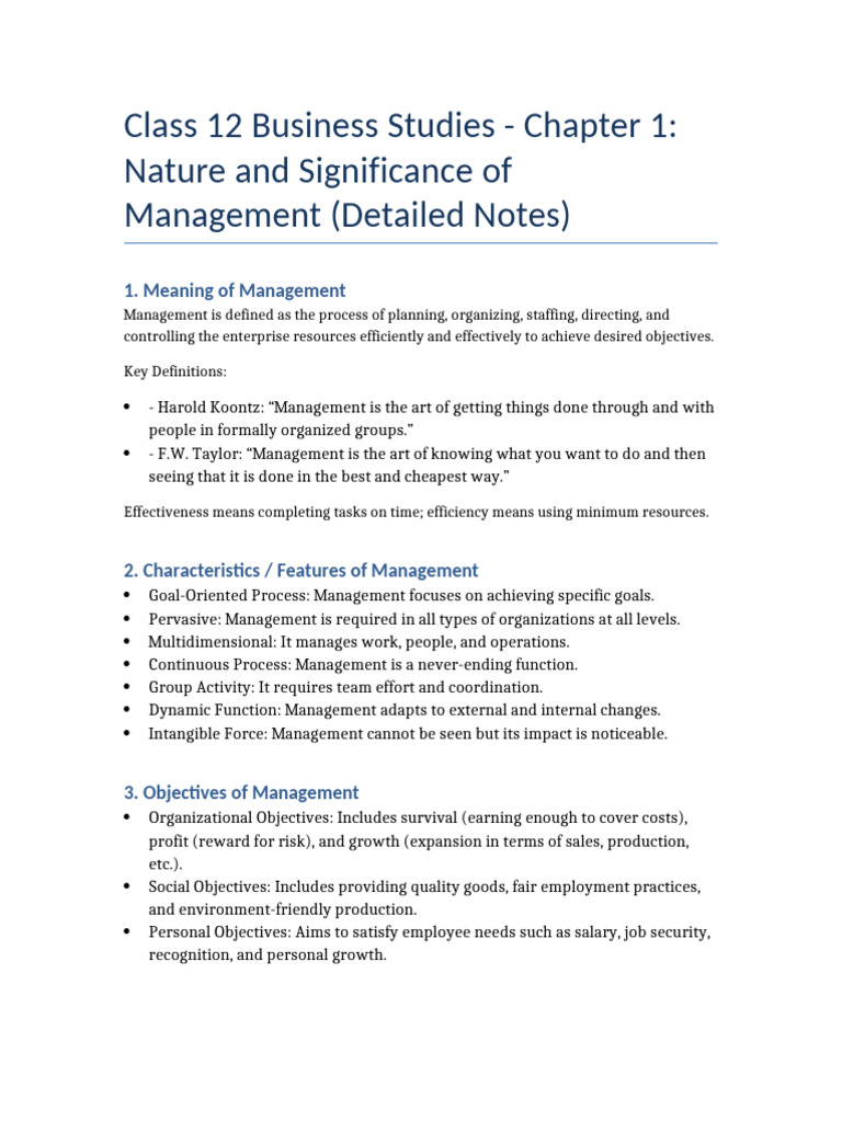 Class 12 Business Studies Chapter 1 Detailed | PDF | Employment | Goal