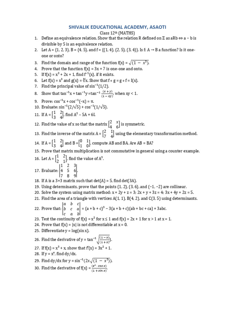 Class 12 Math Assignment 2025 | PDF | Function (Mathematics) | Chess Theory