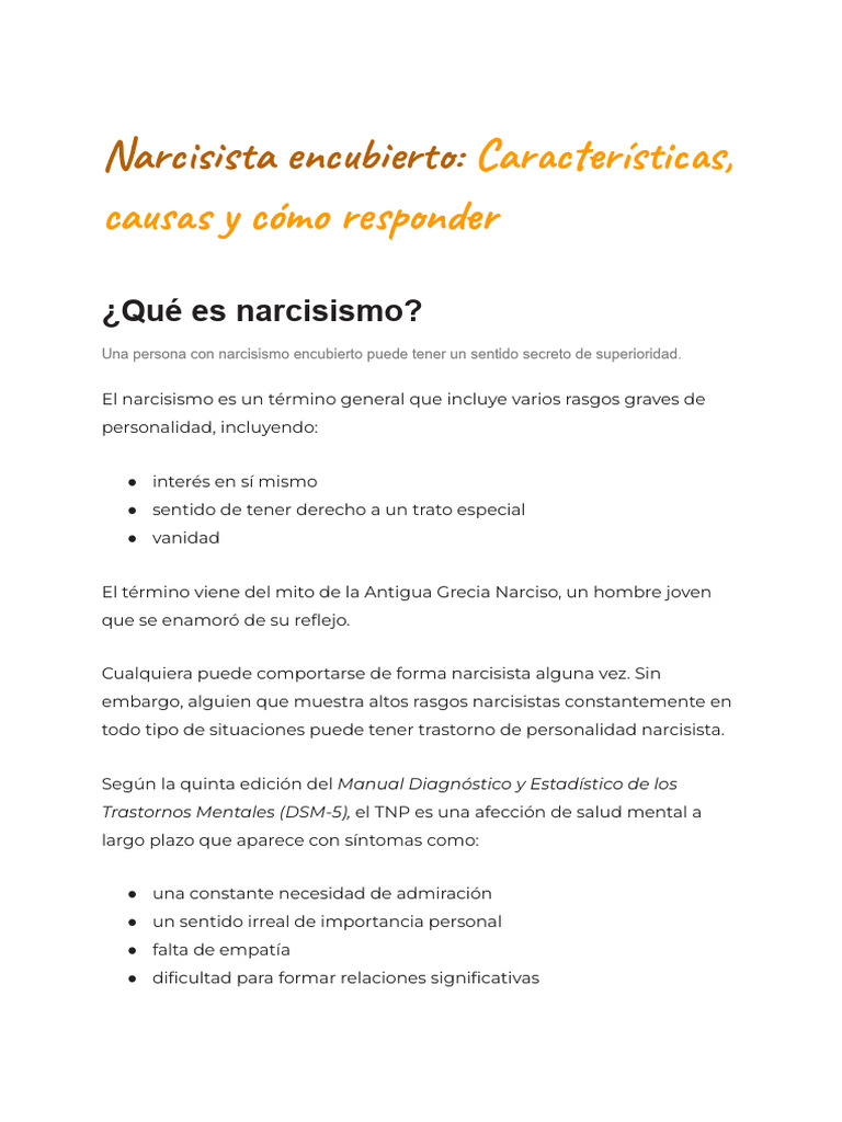 Narcisista Encubierto - Características, Causas y Cómo Responder | PDF | Narcisismo | Trastorno ...