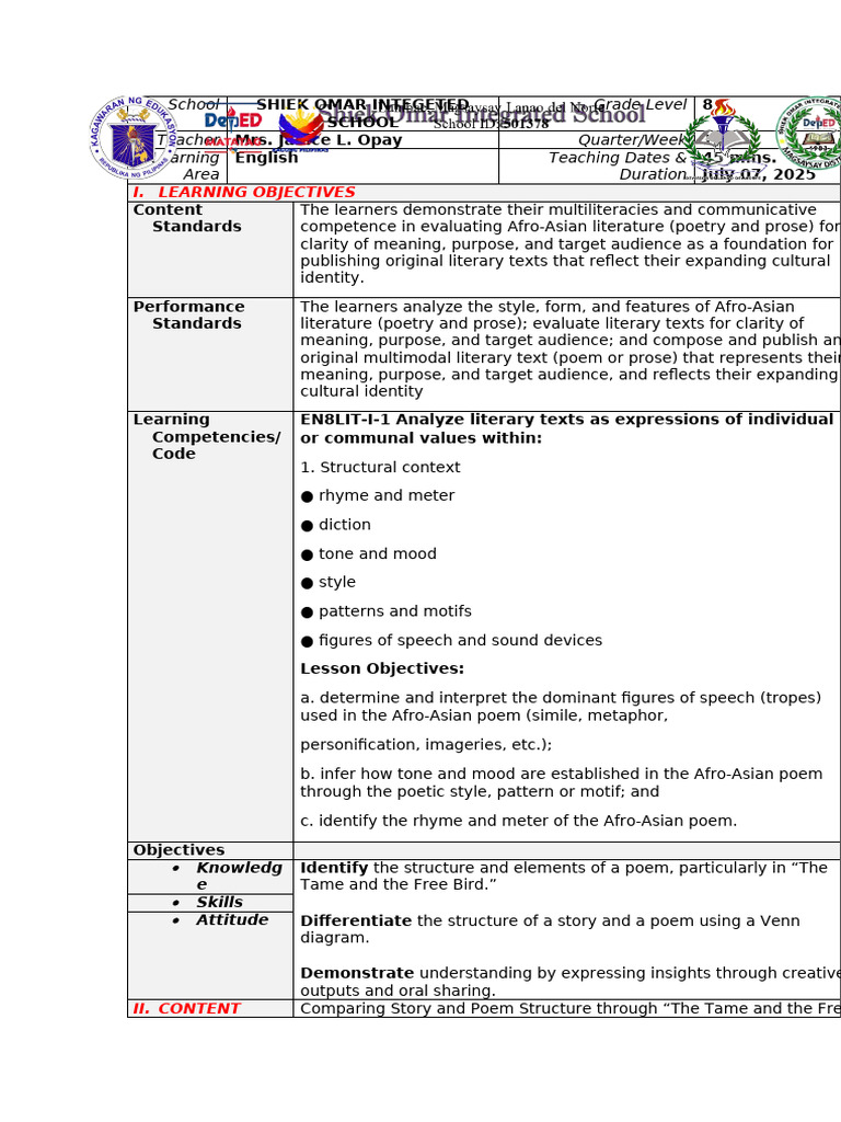 Comparing Story and Poem Structure Through "The Tame and The Free Bird ...