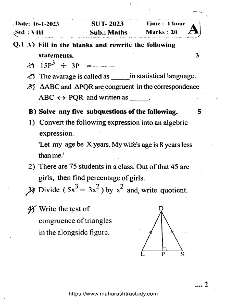 MH Board Class 8 Ut2 Mathematics Set A 181123 Jan 2023 | PDF