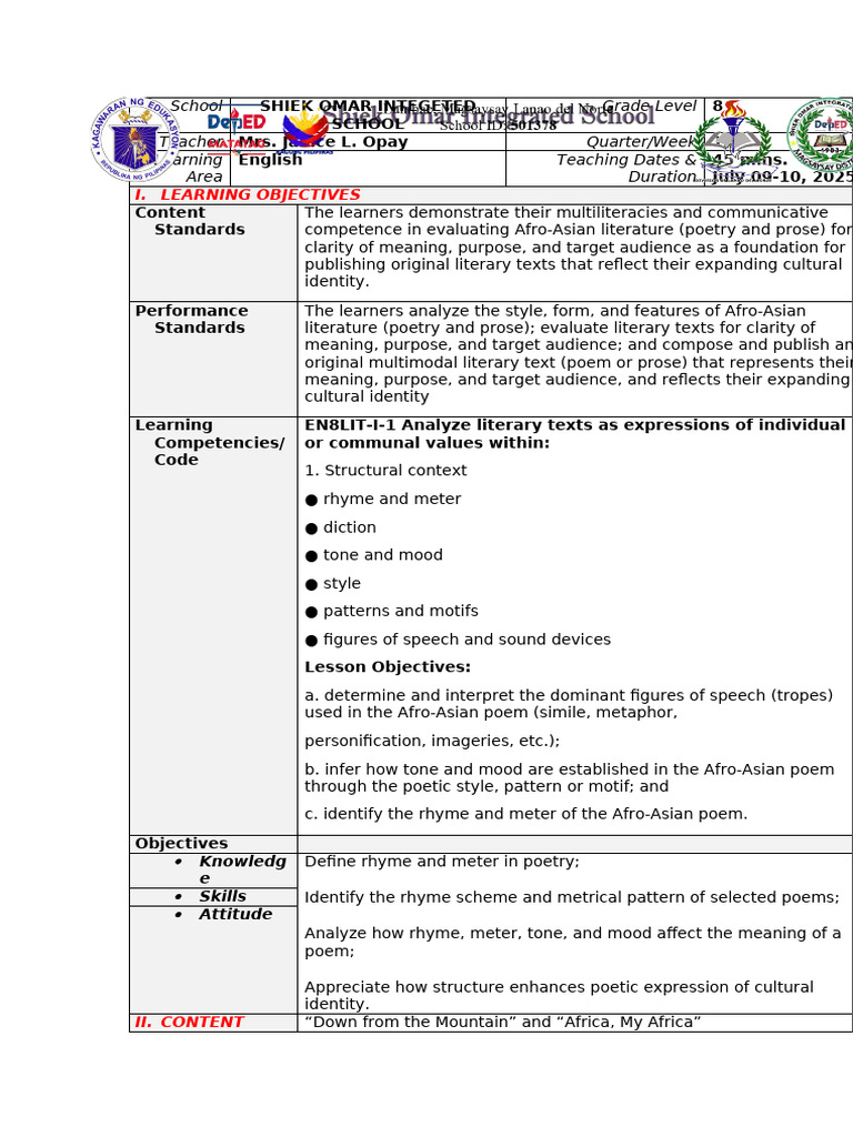 DLP - English 8 Quarter 1 | PDF | Poetry | Metre (Poetry)