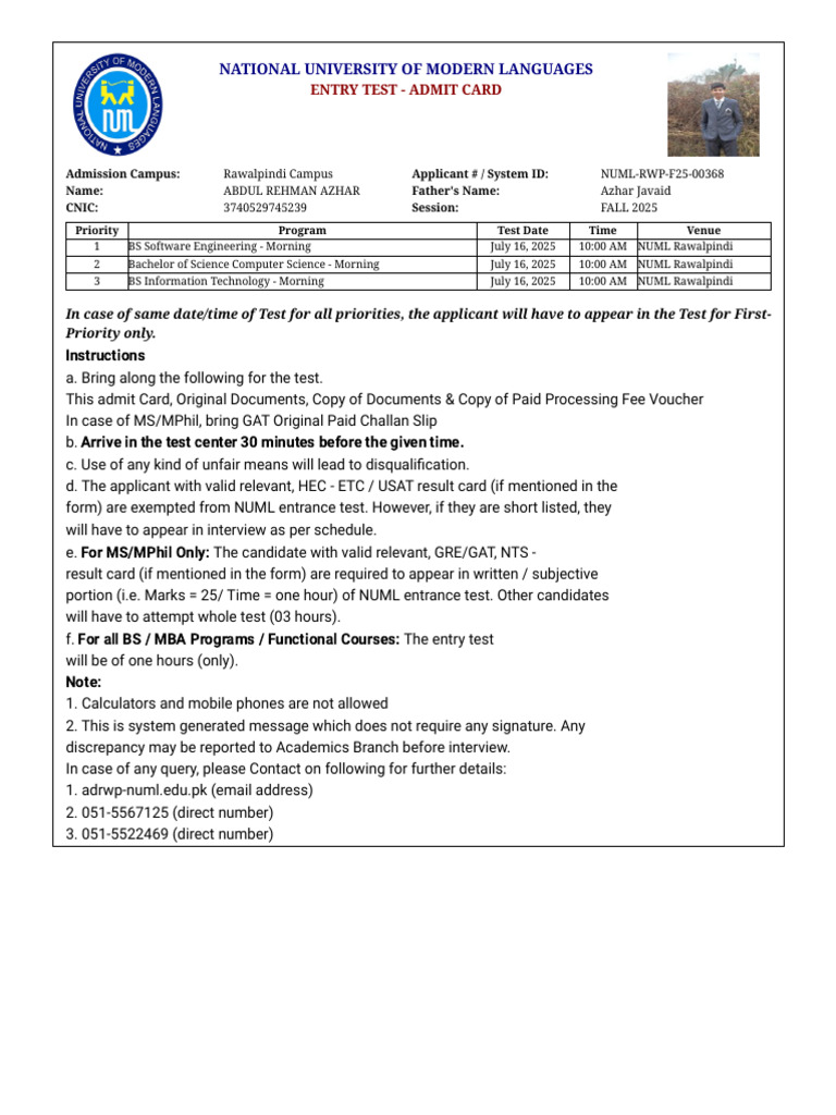 NUML Entry Test Admit Card 2025 | PDF