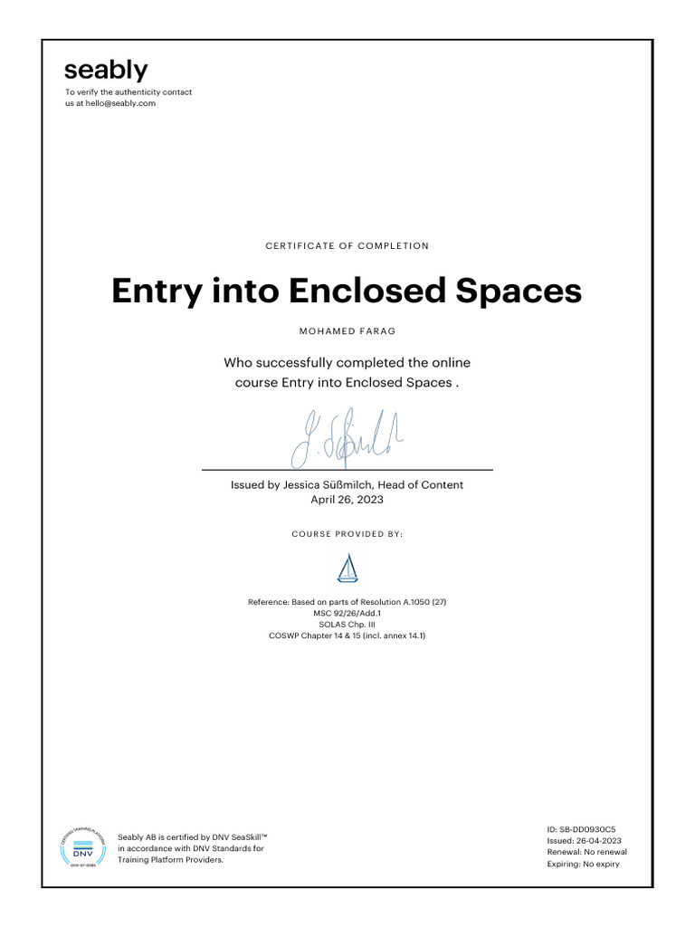 Entry Into Enclosed Space Cert | PDF