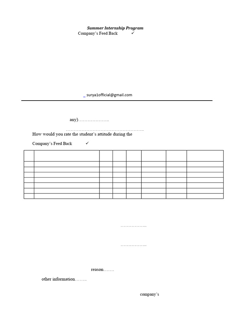 Summer Internship Feedback Form 2023 | PDF