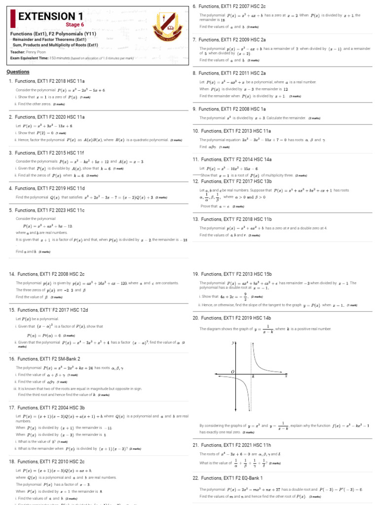 HSC Practice Questions Polynomials (1) | PDF | Polynomial | Zero Of A Function