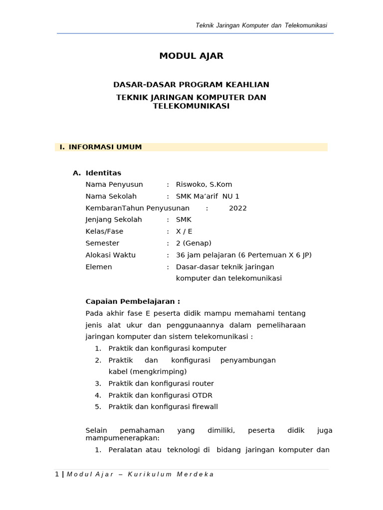 Modul Ajar Kelas x Tkj | PDF