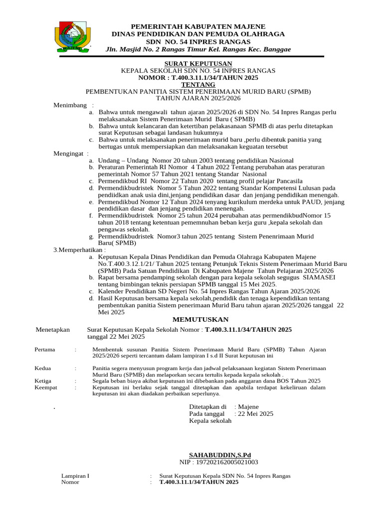 SK Panitia SPMB Tahun 2025 SDN 54 | PDF