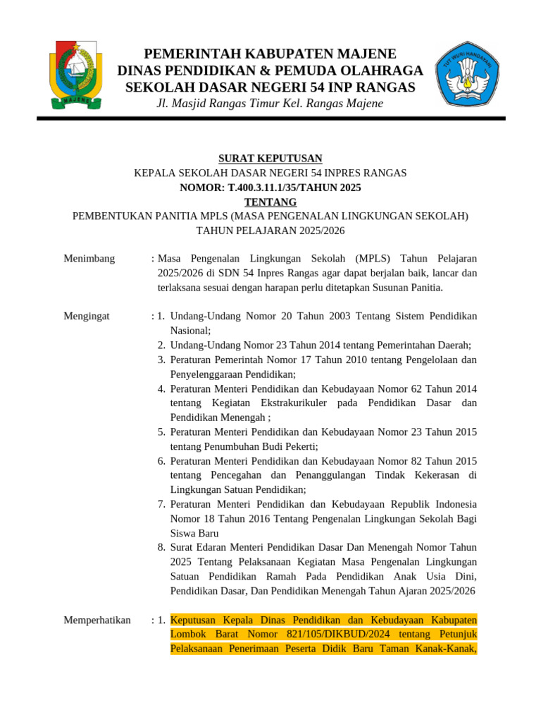 SK MPLS SDN 54 Inpres Rangas | PDF