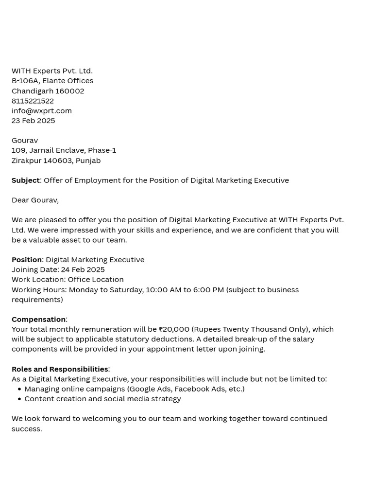 Digital Marketing Executive Offer Letter | PDF