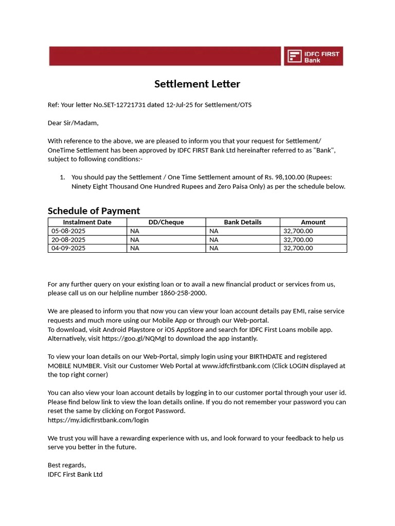 IDFC First Bank Settlement Letter | PDF