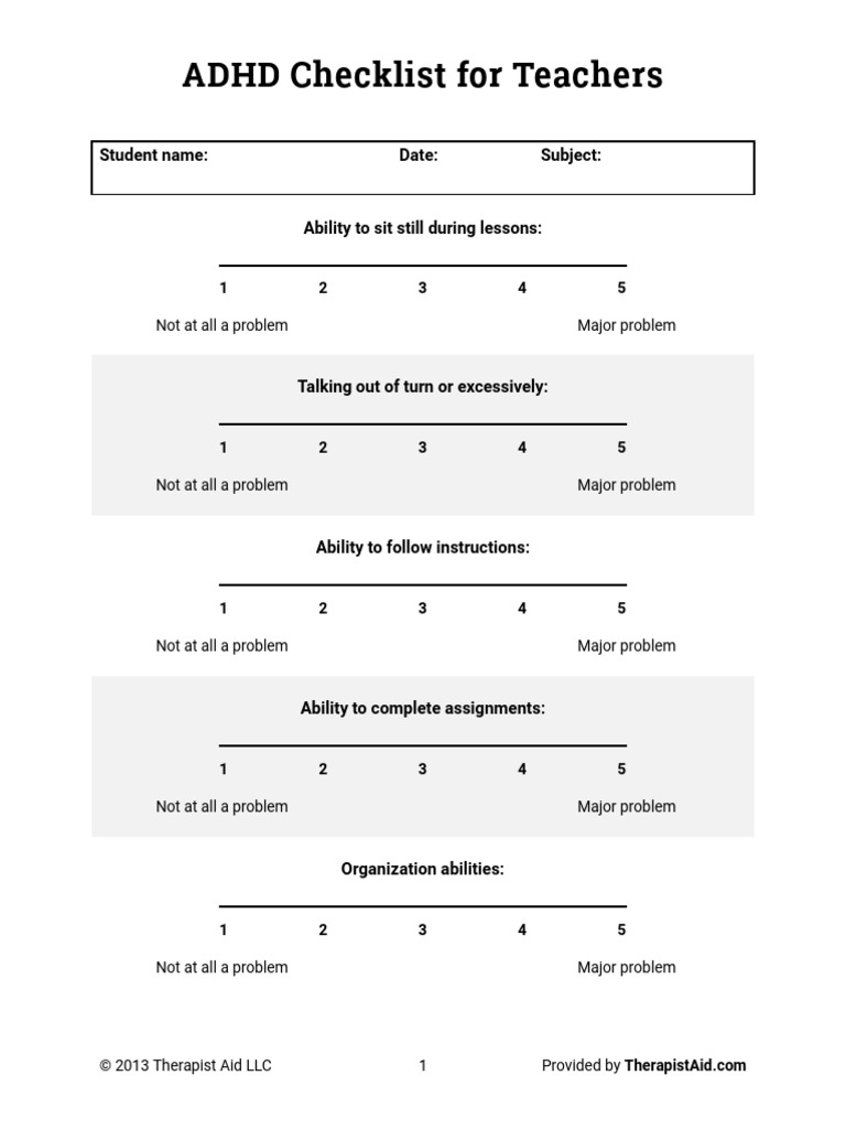 Adhd Checklist For Teachers | PDF