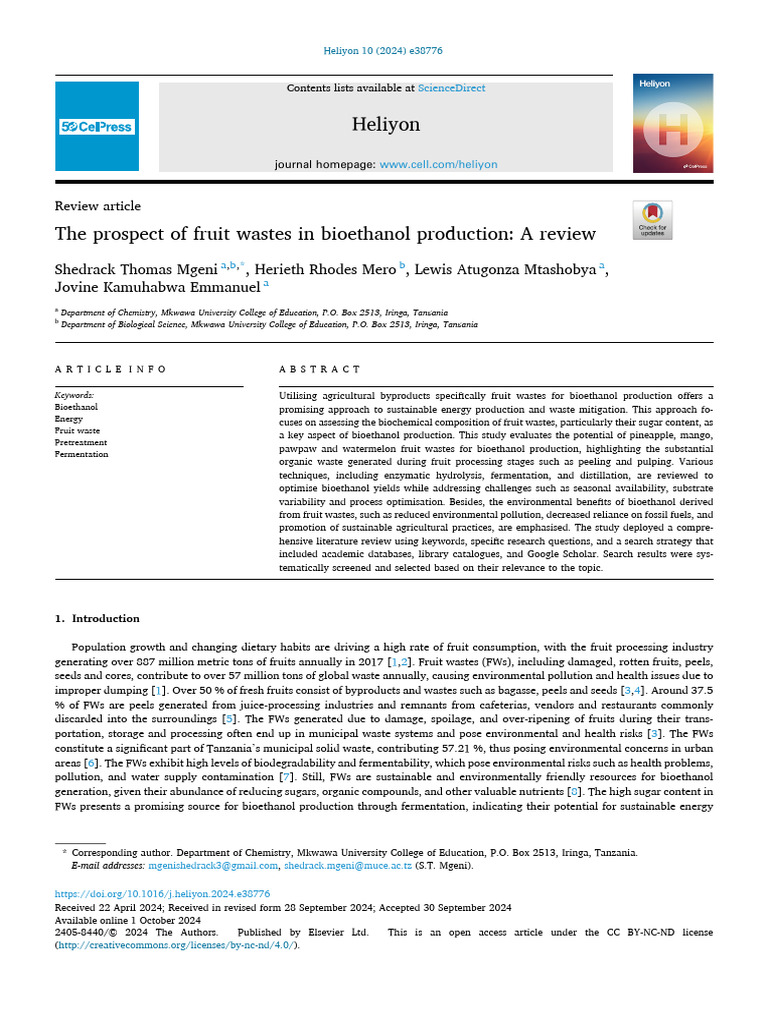 Fruit Wastes for Bioethanol Production | PDF | Biofuel | Biorefinery