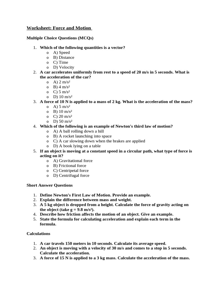Physics Worksheet Force and Motion | PDF | Force | Acceleration