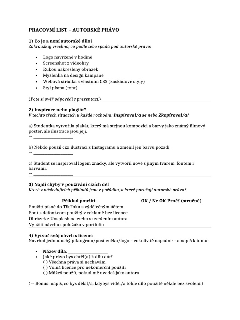 Autorské Právo - Pracovní List | PDF