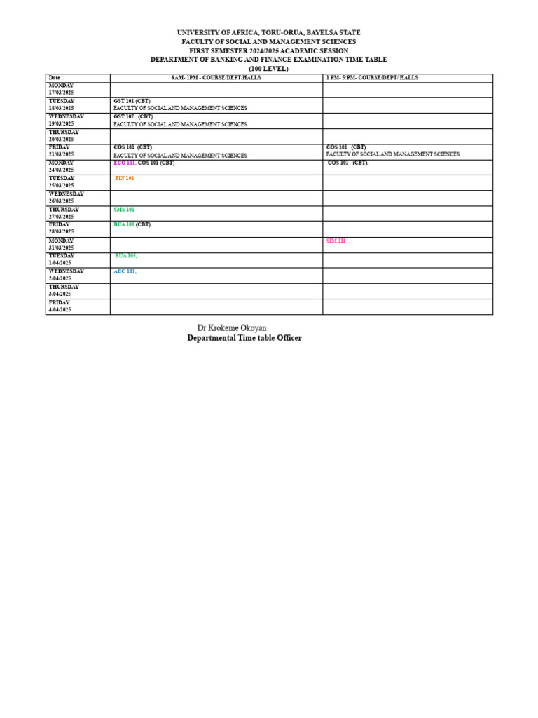 2024/2025 Banking & Finance Exam Schedule | PDF