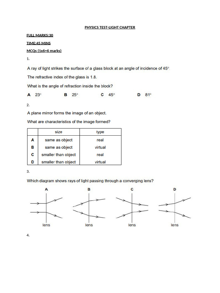 Light Chapter-Physics Test | PDF