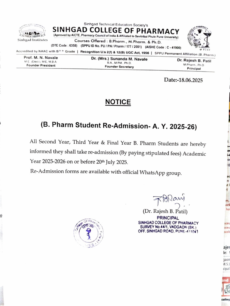 Notice (Re-Admission Form S.Y.-t.Y.-final Yr.B.pharm) | PDF ...