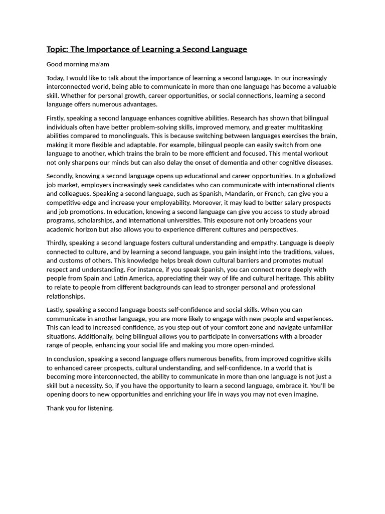 The Importance of Learning A Second Language | PDF | Second Language ...