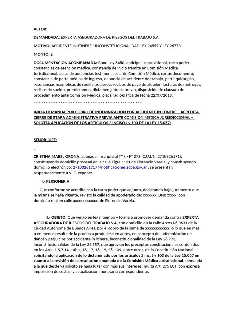 Demanda Art 2 Inc J | PDF | Rodilla | Derecho laboral
