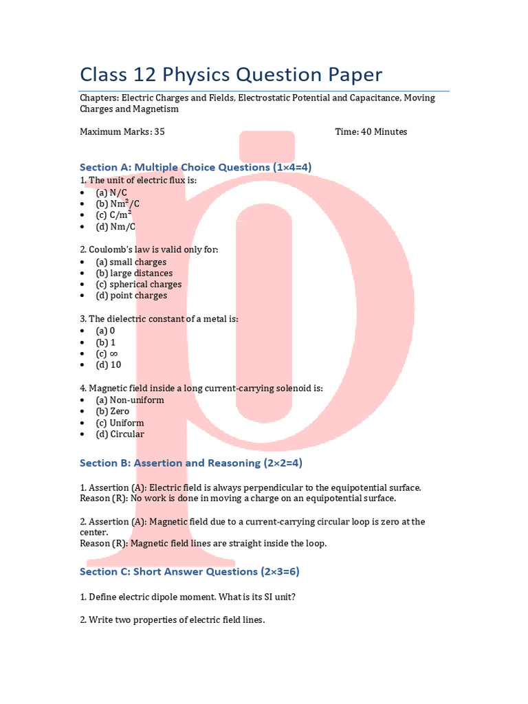 Class 12 Physics Question Paper | PDF