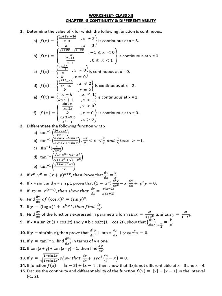 Worksheet - Class Xii Mathematics Chapter - 5 Continuity and Differentiability | PDF | Chess ...