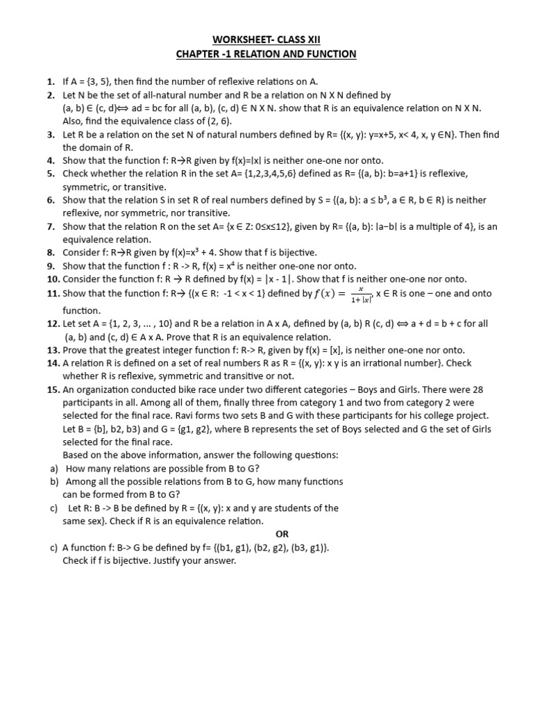 Worksheet - Class Xii Mathematics Chapter - 1 Relation & Function | PDF | Functions And Mappings ...