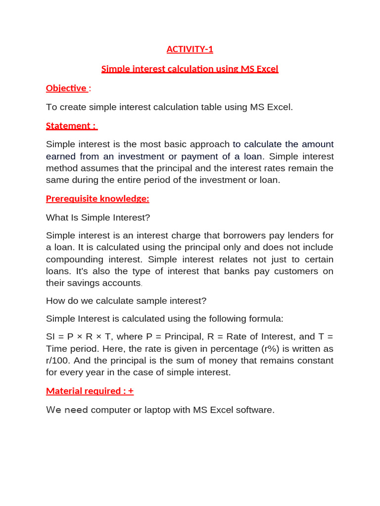 Resource 20250502091325 Activity - 1 Simple Interest Calculation Using ...