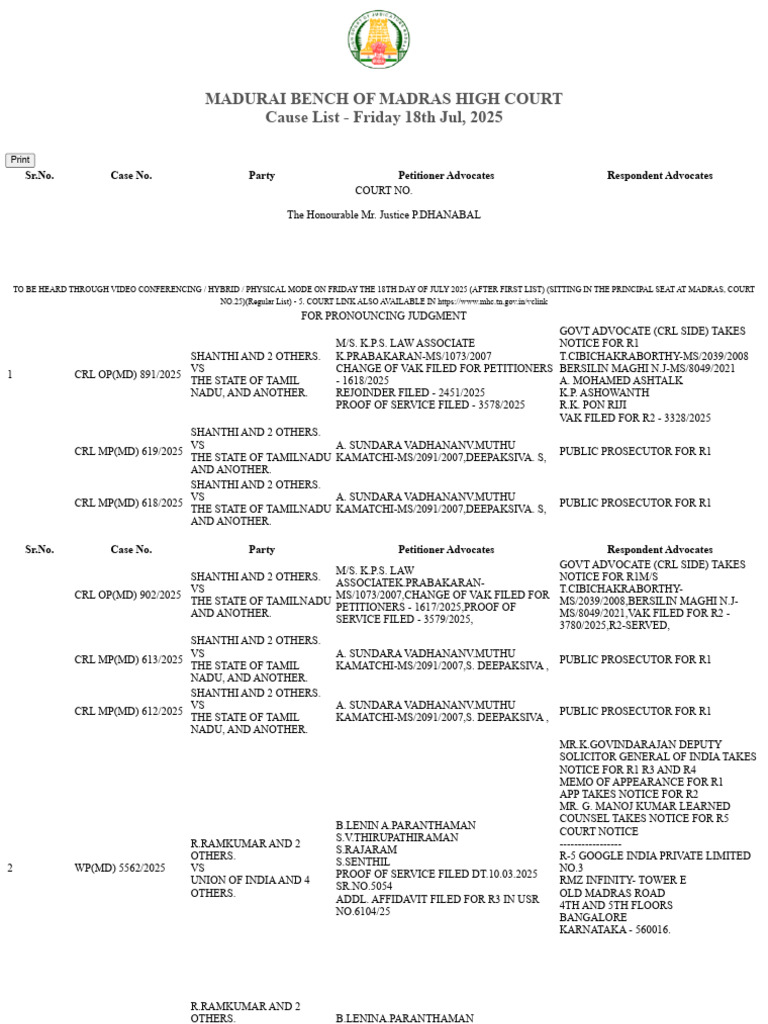 Madurai Bench - Cause Lists-Order18072025 | PDF | Tamil Nadu