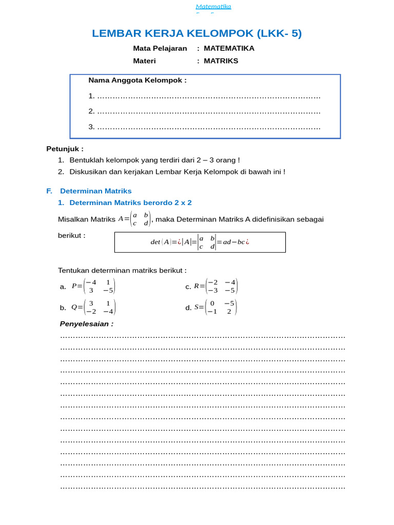 Lembar Kerja Kelompok 5 Matriks | PDF