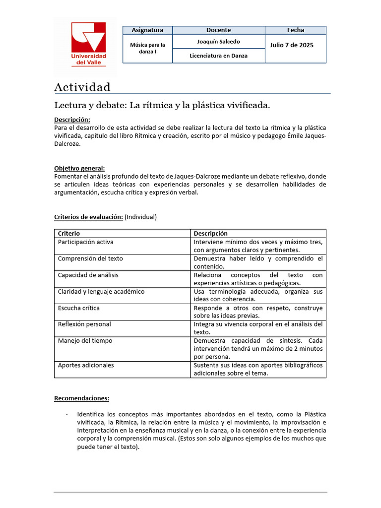 Plantilla Actividad Lectura y Debate Dalcroze | PDF | Bailes | Ritmo